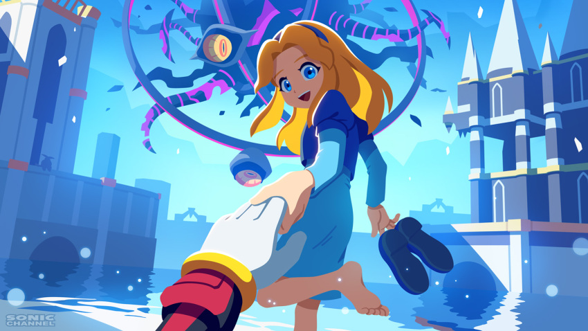 Safebooru - 1boy 1girl barefoot blonde hair blue eyes feet gloves ...