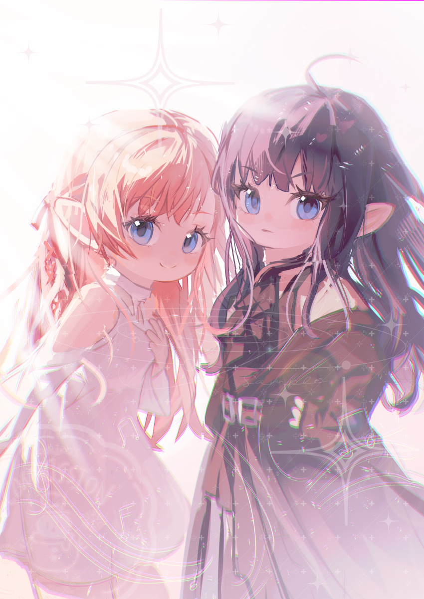 Safebooru - 2girls absurdres ascot bare shoulders black ascot black coat black dress black hair ...