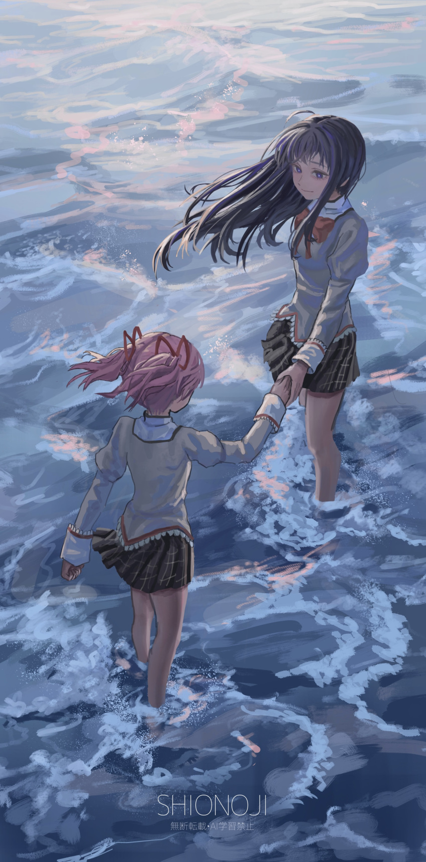 Safebooru - 2girls absurdres akemi homura barefoot black hair bow closed mouth commentary from ...