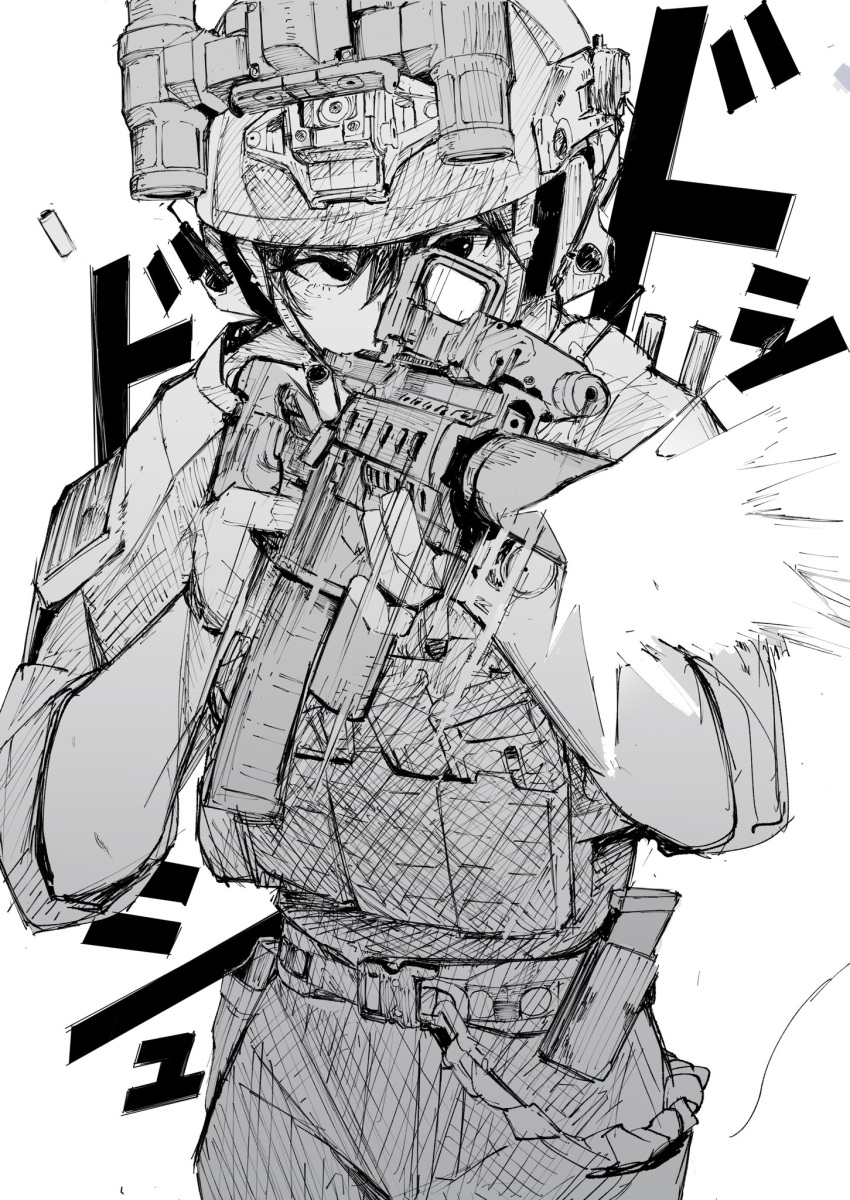 Safebooru - 1girl ammunition pouch assault rifle belt commentary request cowboy shot firing ...