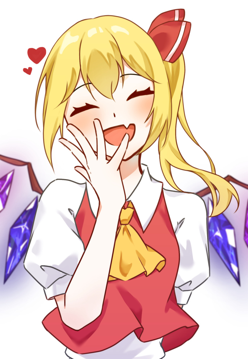 Safebooru - :d ascot blonde hair bow closed eyes crystal fang flandre scarlet hat heart highres ...