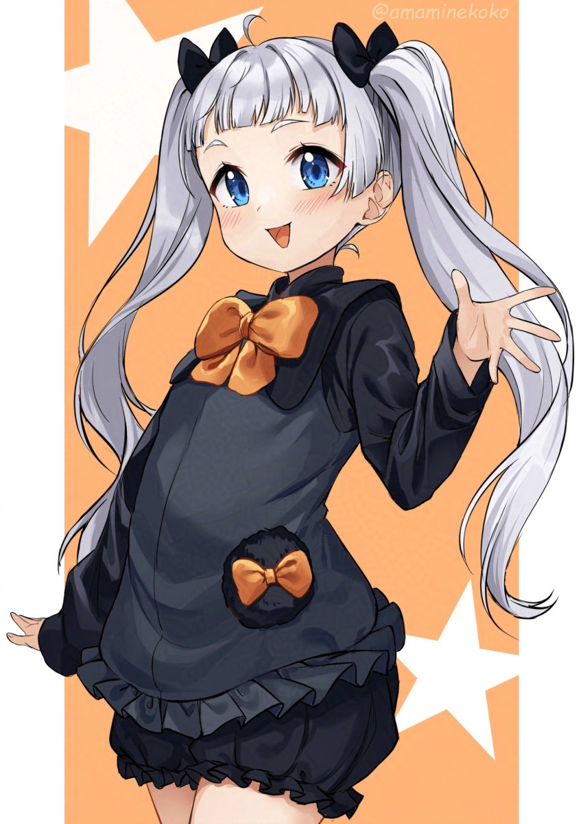 Safebooru - 1girl black bow black shirt black shorts blue eyes blush bow breasts grey hair hair ...