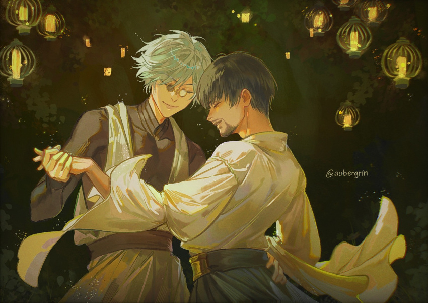 Safebooru - 2boys aubergrin beard black hair closed eyes dancing glasses lantern olruggio ...