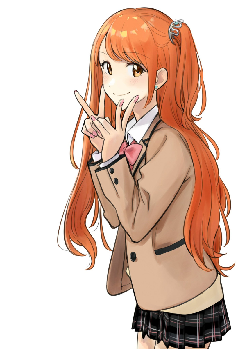 Safebooru - 1girl black skirt blazer blush bow bowtie brown jacket buttons closed mouth collared ...