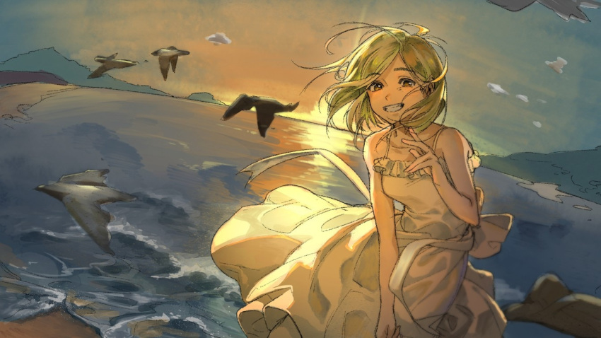 Safebooru - 1girl beach bird coco (tongari boushi no atelier) easy21 green eyes green hair ocean ...