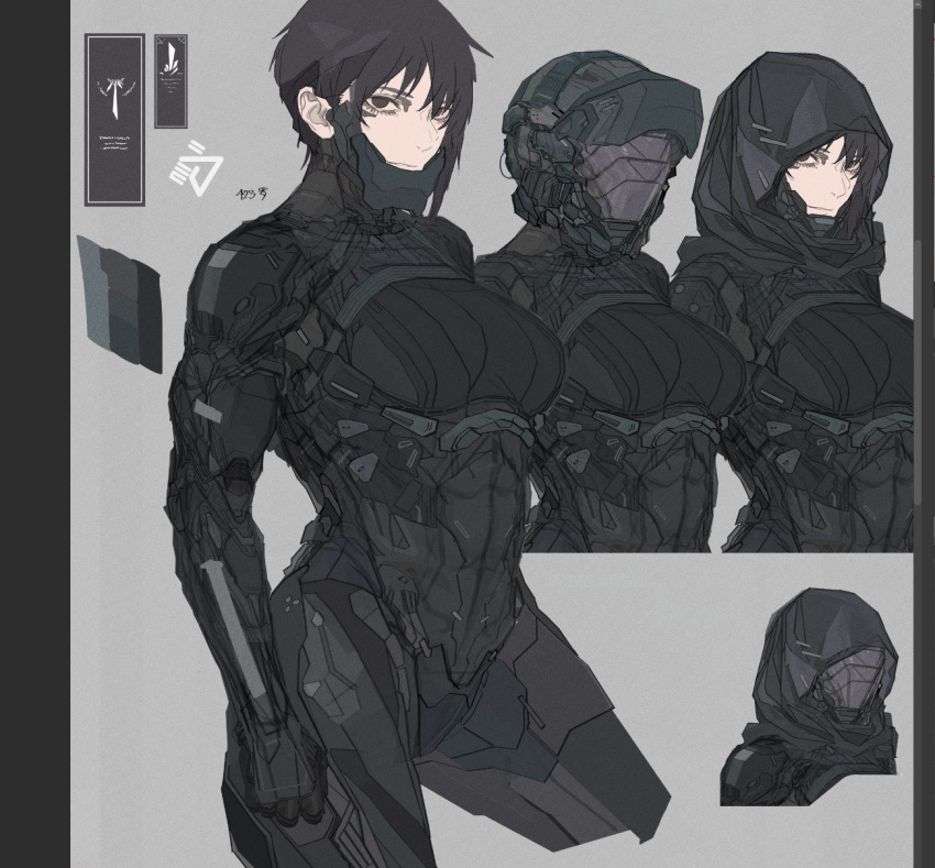 Safebooru - 1girl black bodysuit black eyes black hair bodysuit breasts face shield grey ...