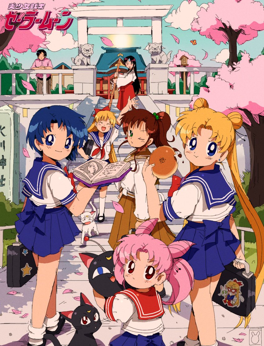 Safebooru - 1boy 6+girls :d :t absurdres aino minako animal arm up artemis (sailor moon) back ...