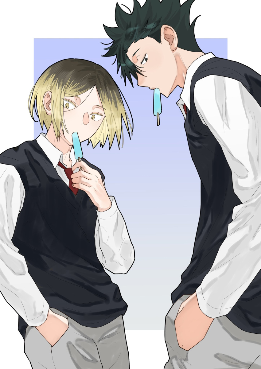 Safebooru - 2boys arm up black hair black vest blonde hair border brown ...