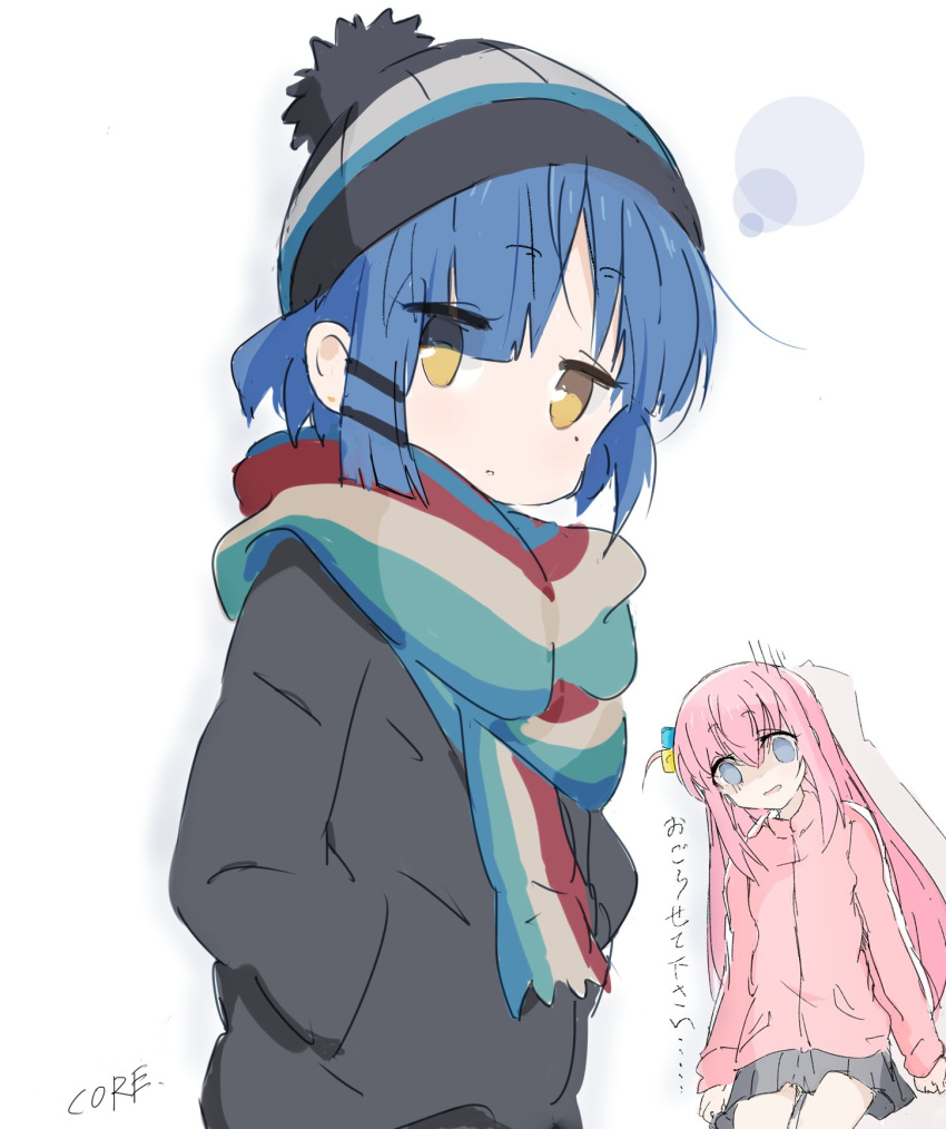 Safebooru - 2girls asymmetrical hair beanie black coat black skirt blue ...