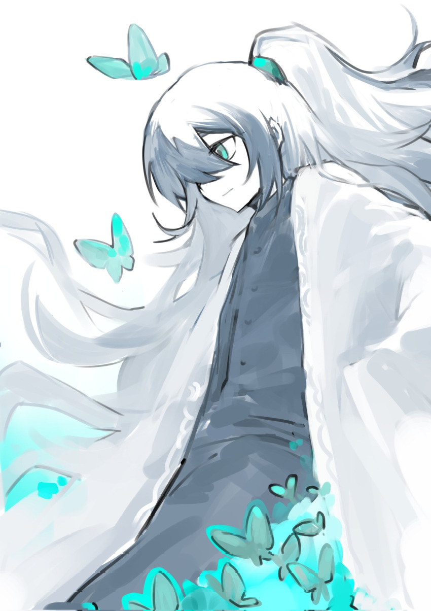 Safebooru - 1boy aqua eyes black coat black hair blue butterfly bug butterfly closed mouth coat ...