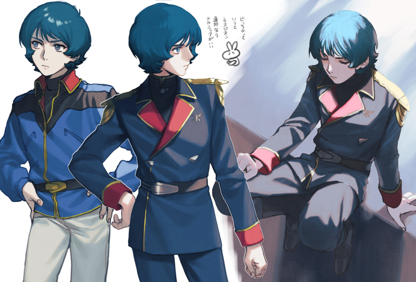 Safebooru - 1boy alternate universe arm support belt black belt black footwear black shirt blue ...