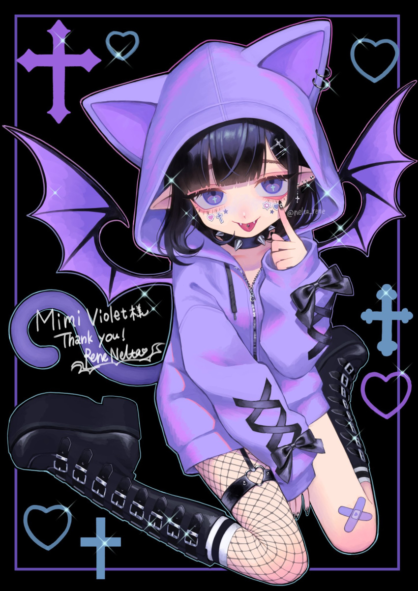 Safebooru - 1girl bangs bat wings black hair cat tail female kneeling looking at viewer nelta ...