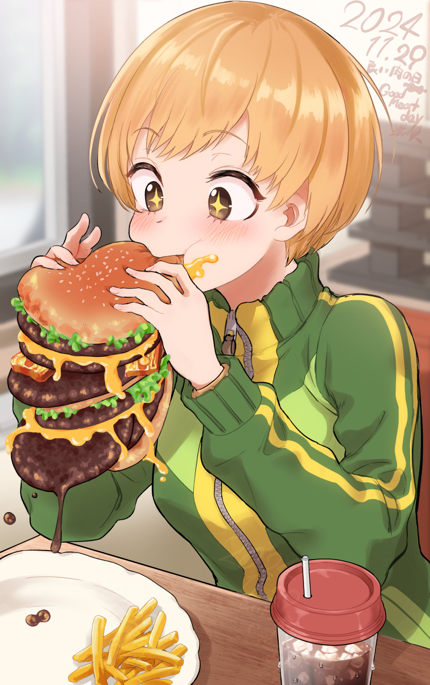 Safebooru - 1girl absurdres beef bread burger cheese drinking straw ...