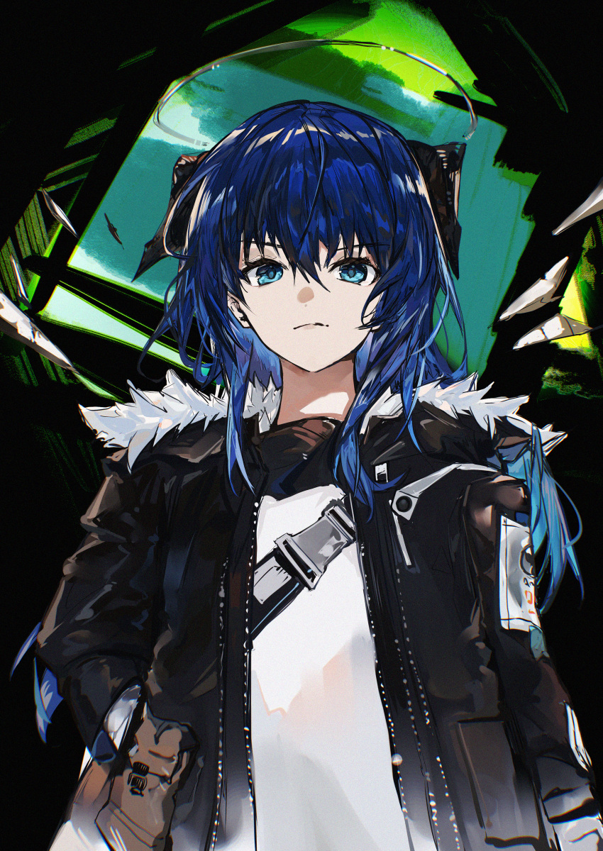 Safebooru - 1girl absurdres arknights black horns black jacket blue eyes blue hair closed mouth ...