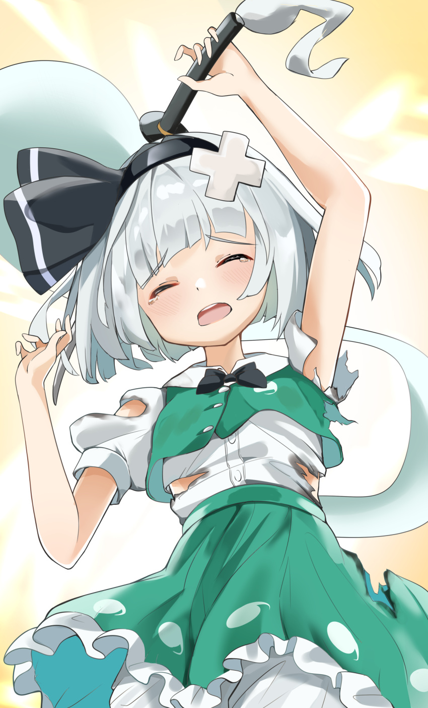 Safebooru - 1girl 258n absurdres arm up bandaid bangs black bow black bowtie black hairband ...