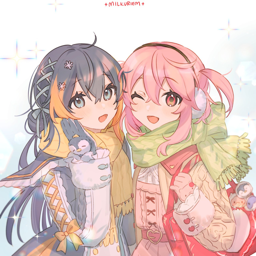 Safebooru - 2girls :d artist name black hair blonde hair blue eyes blush earmuffs gloves green ...