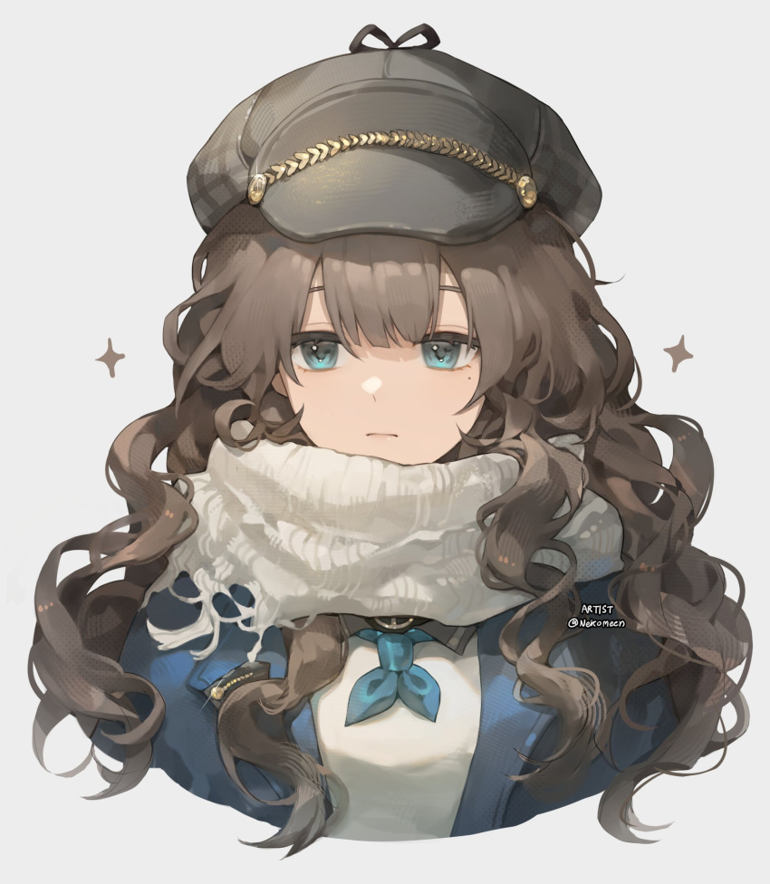 Safebooru - 1girl :| blue coat blue eyes blue neckerchief brown hair cabbie hat closed mouth ...
