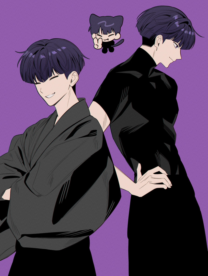 Safebooru - 1boy chibi closed eyes hair between eyes hand on own hip ...