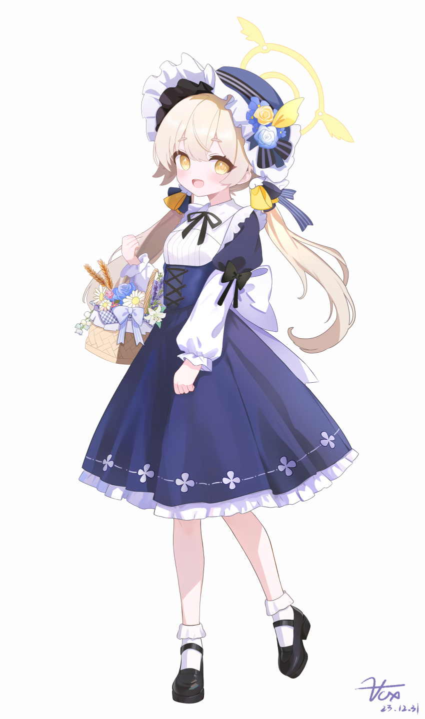 Safebooru - 1girl :d absurdres alternate costume basket black footwear blue archive blue dress ...