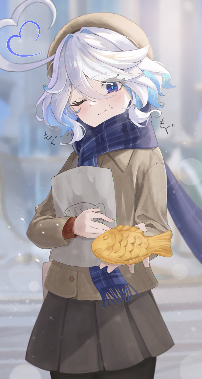 Safebooru - 1girl ;) absurdres ahoge bag baseatoz black pantyhose blue eyes blue hair blue scarf ...