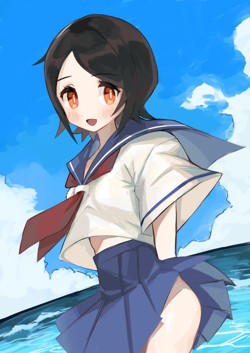 Safebooru - 1girl absurdres bfmelu blue sailor collar blue serafuku blue skirt blue sky blush ...