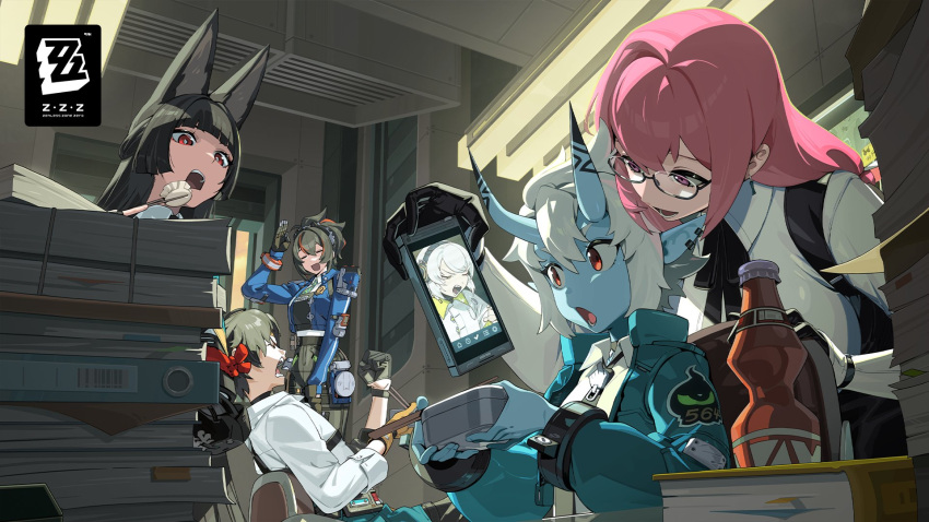 Safebooru - 1boy 5girls anby demara animal ears asaba harumasa black hair blue skin blunt bangs ...