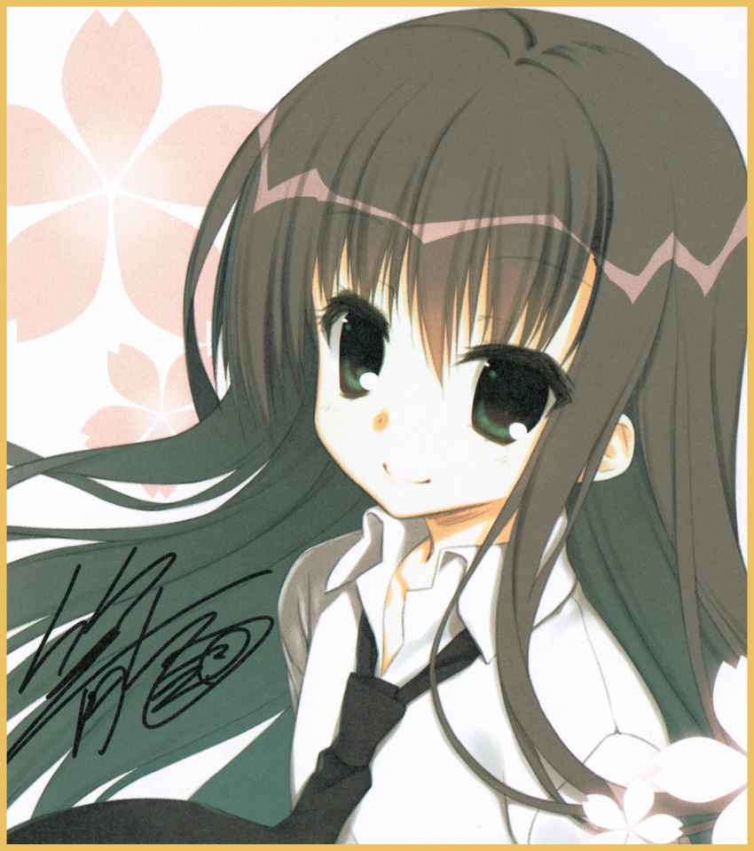 Safebooru - 1girl absurdres black hair black necktie border cherry blossoms closed mouth ...