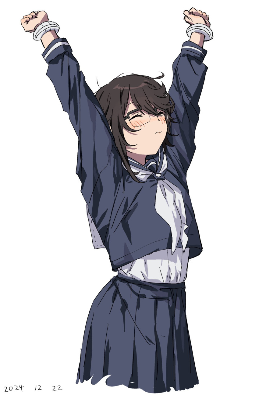 Safebooru - 1girl arms up black hair black serafuku black skirt closed eyes glasses highres ...