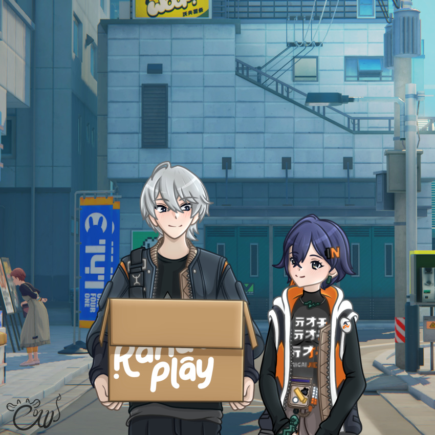 Safebooru - 1boy 2girls belle (zenless zone zero) black jacket blue hair brother and sister ...