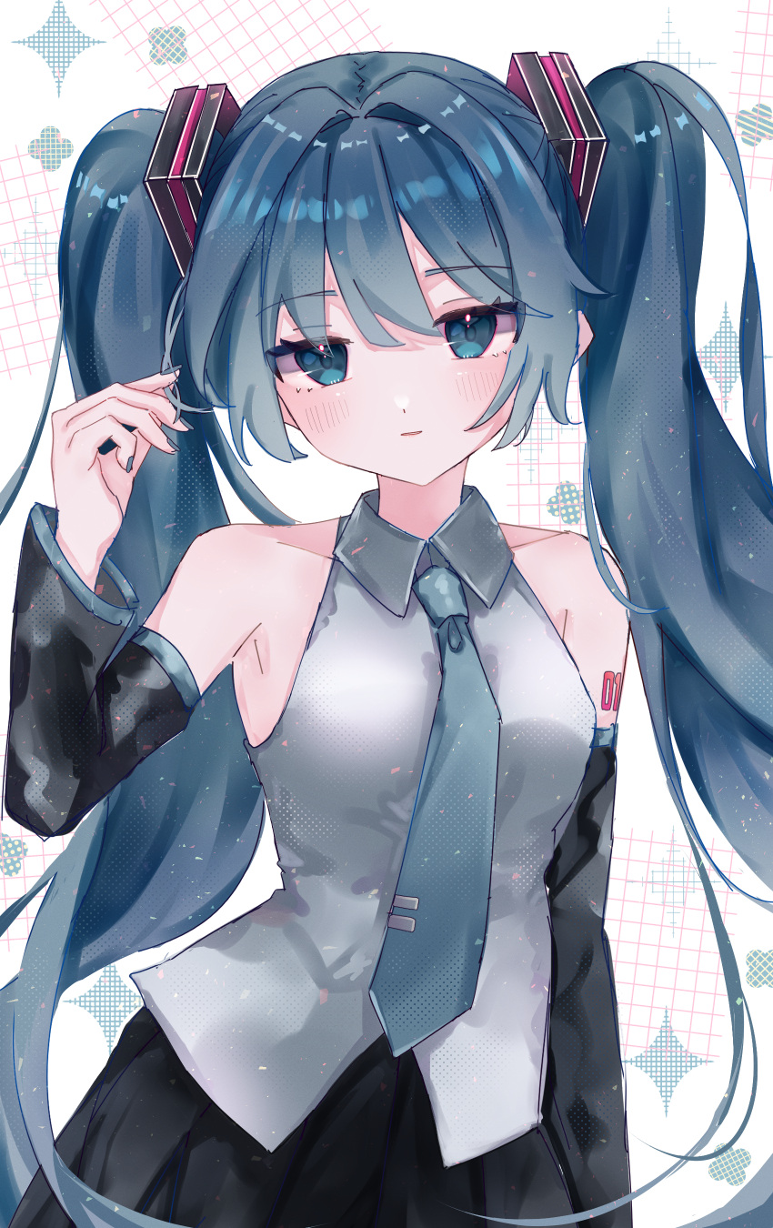 Safebooru - 1girl absurdres aqua eyes aqua hair aqua necktie bare shoulders black skirt black ...