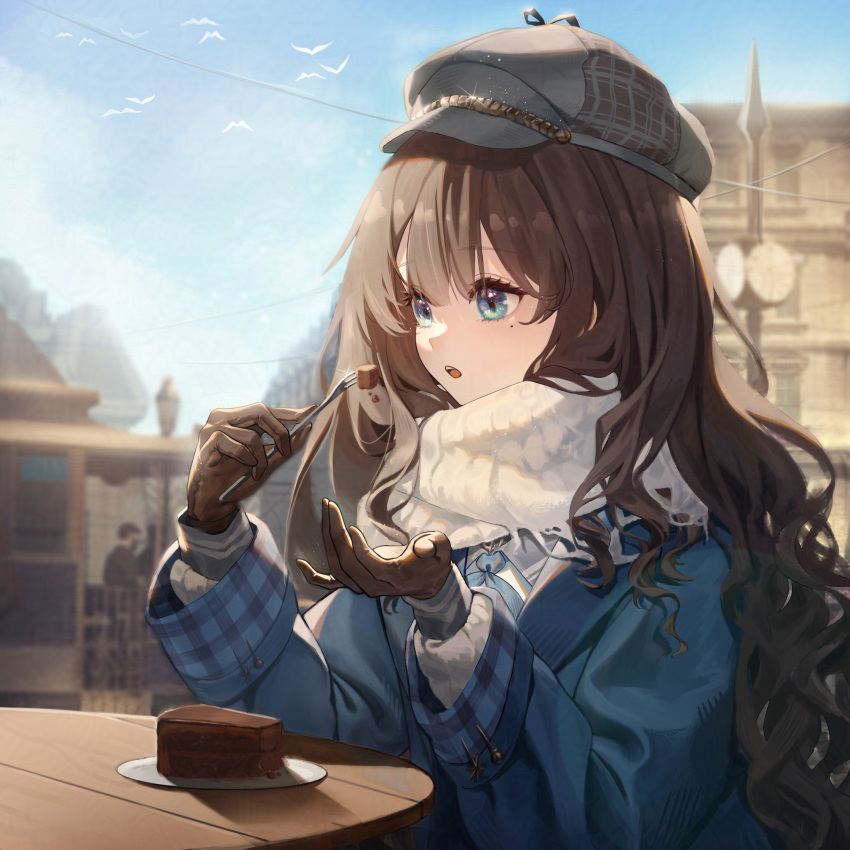 Safebooru - 1girl :o absurdres blue coat blue eyes blue neckerchief blue sky blurry blurry ...