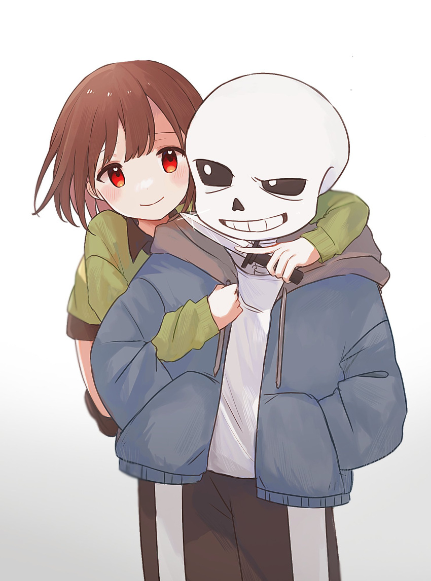 Safebooru - 1boy 1other at knifepoint blue jacket blush bob cut brown ...