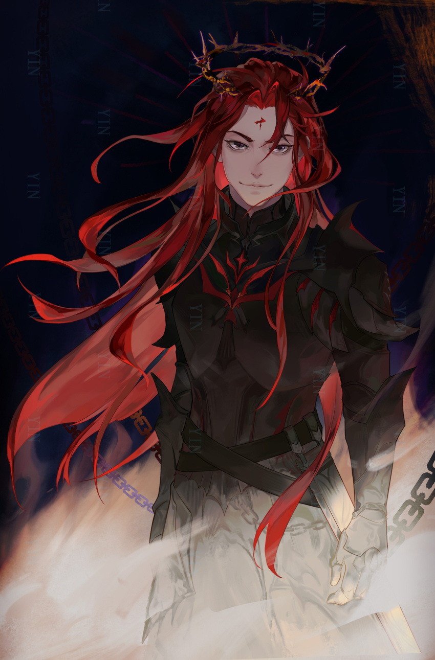 Safebooru - 1boy armor belt black background black belt black eyes ...