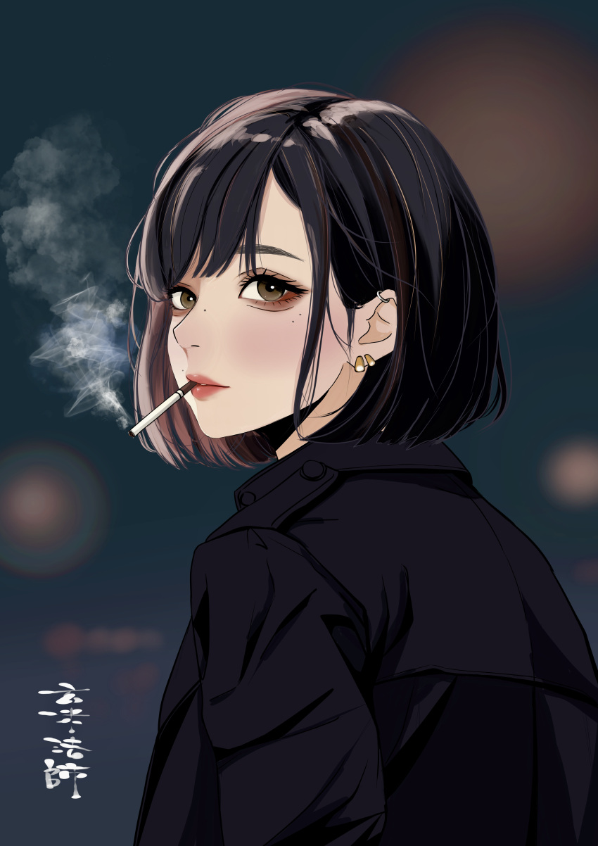 Safebooru - 1girl absurdres black hair brown eyes cigarette ear piercing genmaihoshi highres ...