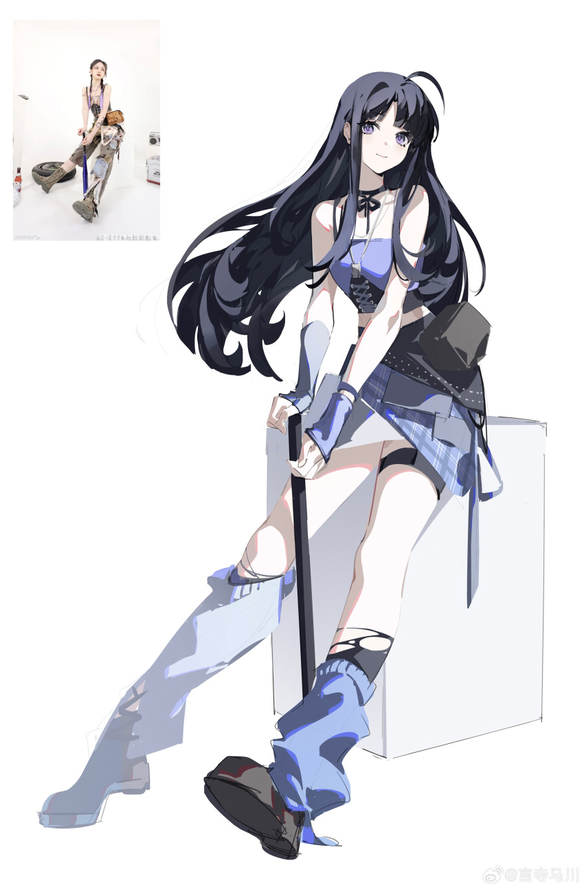 Safebooru - 1girl absurdres ahoge arm warmers awa subaru black hair black socks blue arm warmers ...
