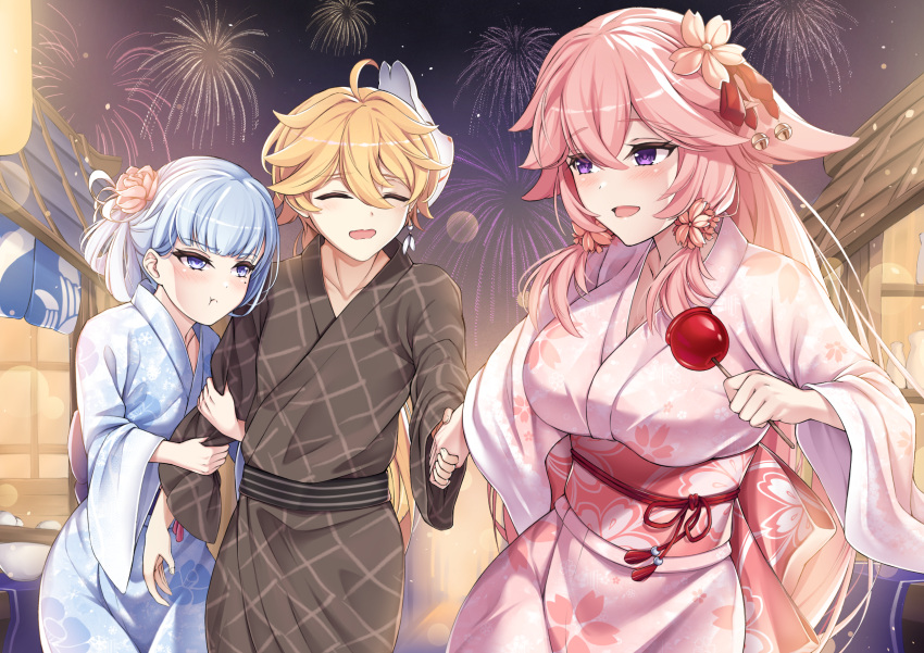 Safebooru - 1boy 2girls :t aerial fireworks aether (genshin impact) ahoge alpha zwei alternate ...