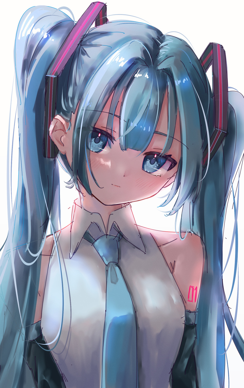 Safebooru - 1girl absurdres aqua eyes aqua hair aqua necktie bare shoulders black sleeves blush ...