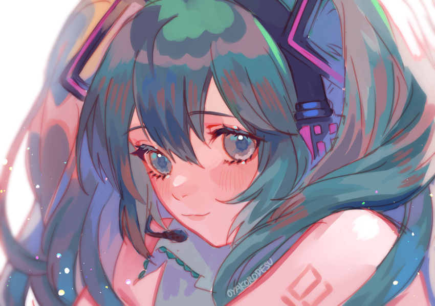 Safebooru - 1girl aqua hair arm tattoo artist name blue eyes blurry blush closed mouth collared ...