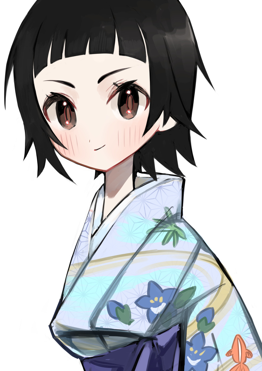 Safebooru - 1girl absurdres bfmelu blue kimono blunt bangs blush brown eyes dot nose floral ...