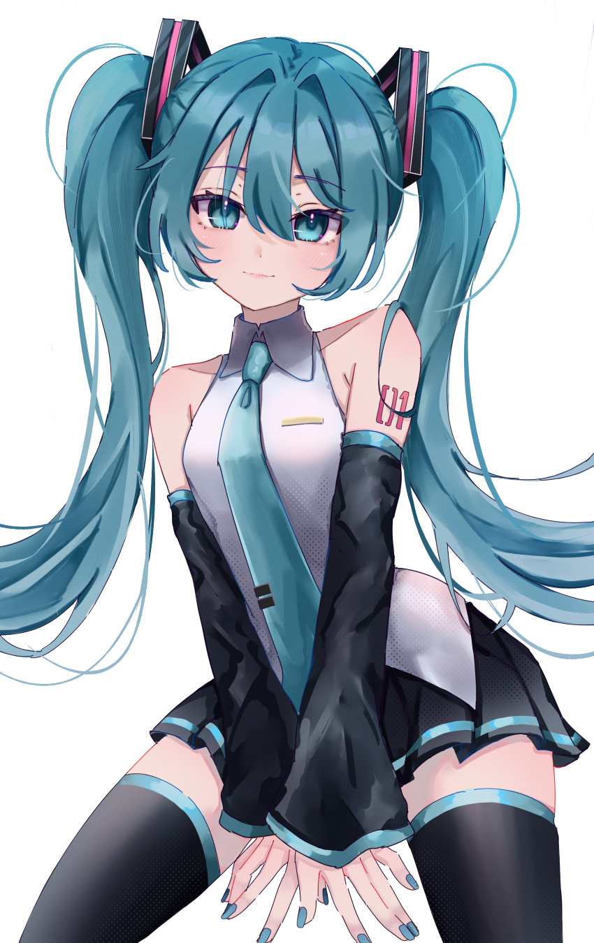 Safebooru - 1girl absurdres aqua eyes aqua hair aqua nails aqua necktie bare shoulders black ...