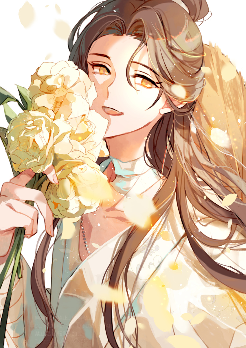 Safebooru - 1boy bandaged neck bandaged wrist bandages bishounen blurry bouquet brown hair ...