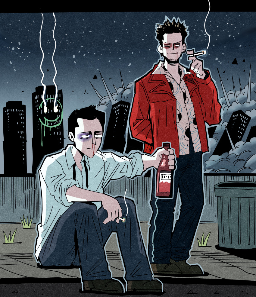 Safebooru - 2boys absurdres blood blue pants blue shirt bruise bruised ...