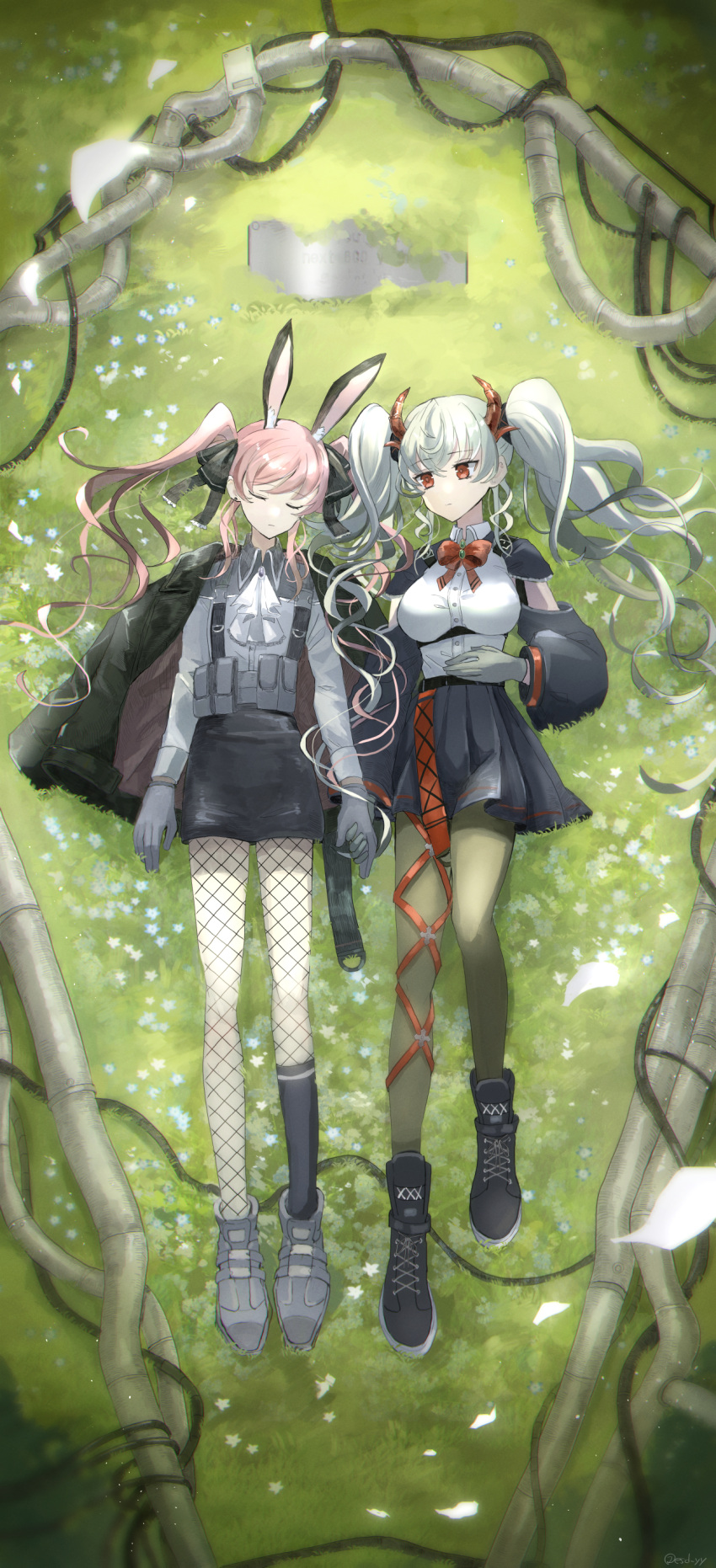 Safebooru - 2girls absurdres animal ears ascot black footwear black jacket black ribbon black ...