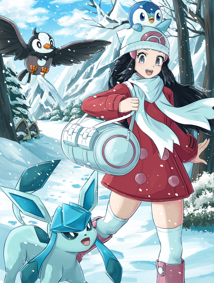 Safebooru - 1girl bag beanie black hair blue sky boots bush clouds coat duffel bag fgsketch ...