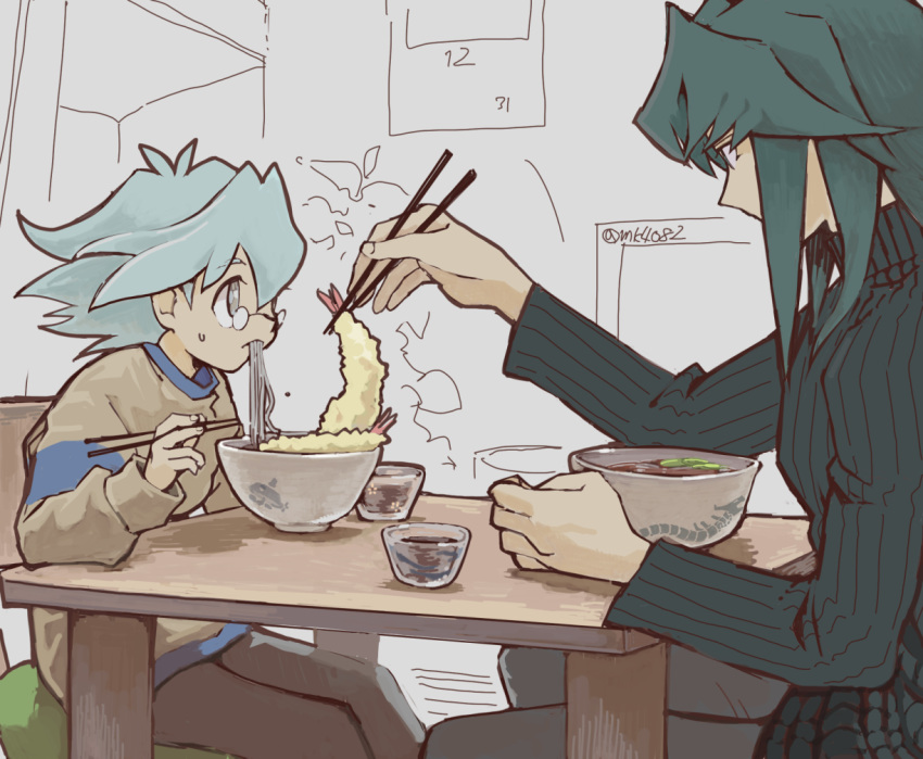 Safebooru - 2boys blue hair bowl brothers chopsticks eating food ...