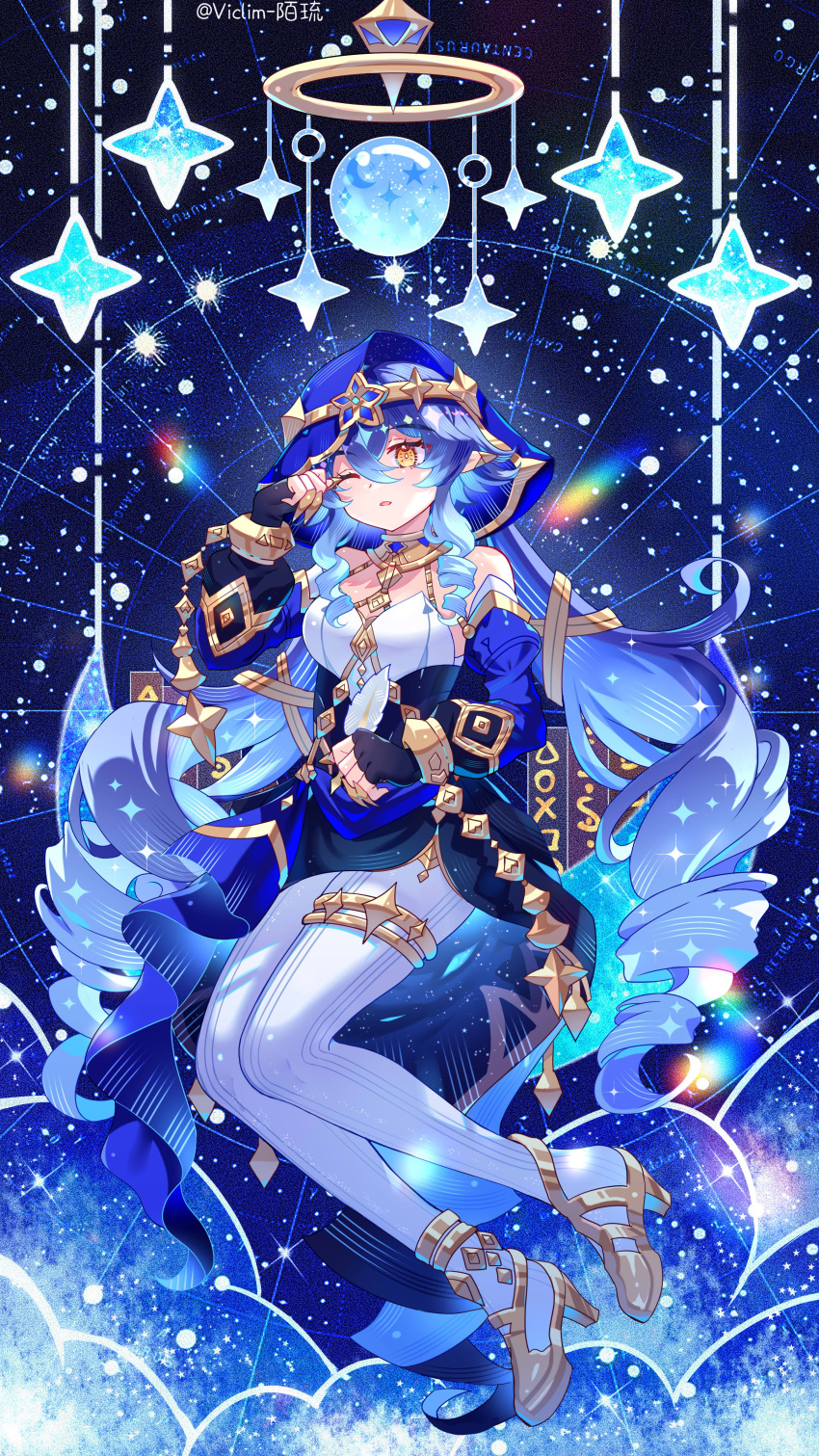 Safebooru - 1girl absurdres bare shoulders black gloves blue hair blue hood bright pupils claw ...