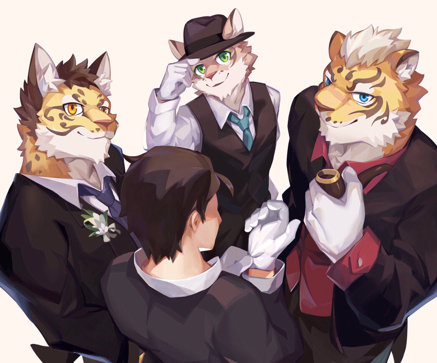 Safebooru - 4boys animal ear fluff animal ears back turned black coat ...