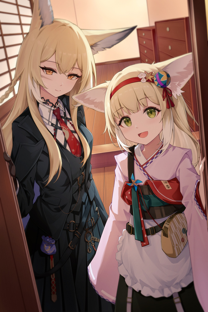 Safebooru - 2girls :d absurdres animal ears apron arknights bag belt black belt black jacket ...