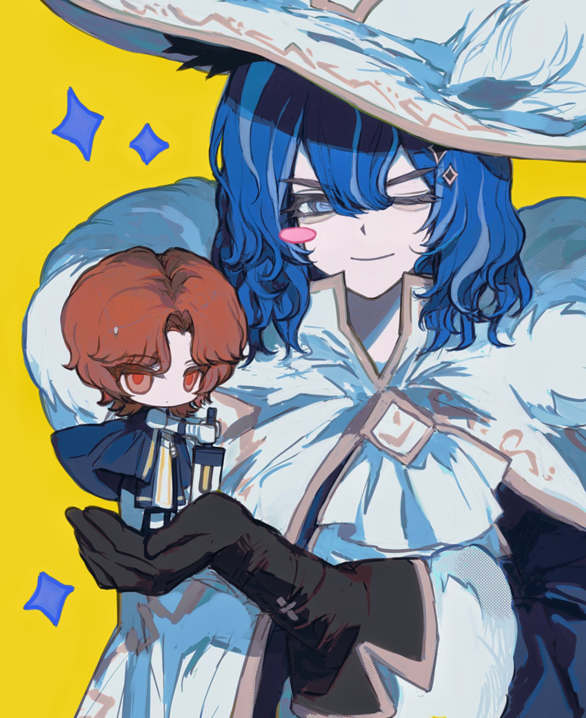 Safebooru - 1boy 1girl anzekeye armor armored dress ascot black gloves blue hair blue jacket ...