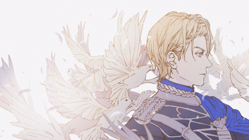 Safebooru - 1boy animal bird blonde hair blue cape blue eyes cape closed mouth commentary ...